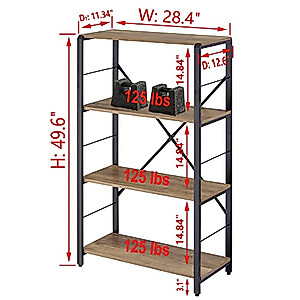 FOLUBAN 4 Tier Open Bookshelf, Vintage Free Standing Book Shelf, Rustic Wood and Metal Bookcase for Home Office, Oak