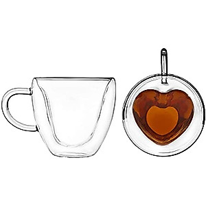 SKEMIX Heart Shaped Mug - Double Glass Coffee Cups With Heart - Double Layer Heart Cup - Heart Shaped Tea Cup - Clear Heart Mug - Heart Shaped Coffee Cup - Glass Heart Mug - Heart Shape Tea Cups