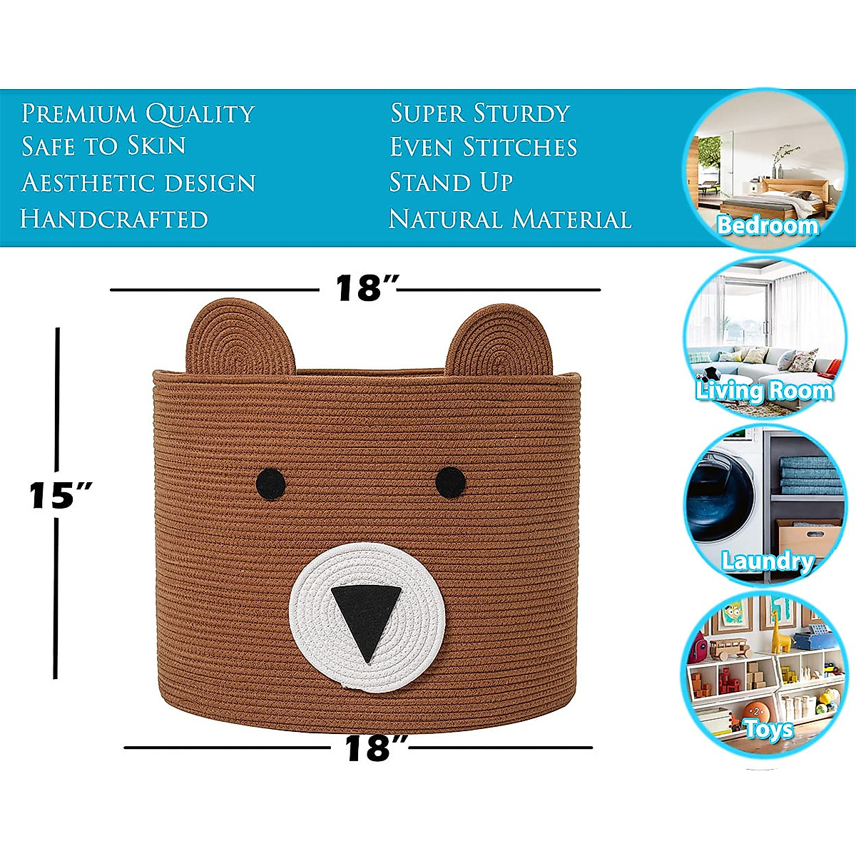 Bear Basket, Animal Basket, Large Cotton Rope Basket, Large Storage Basket, Woven Laundry Hamper, Toy Storage Bin, for Kids Toys Clothes in Bedroom, Baby Nursery, Orange Brown 18"x15"