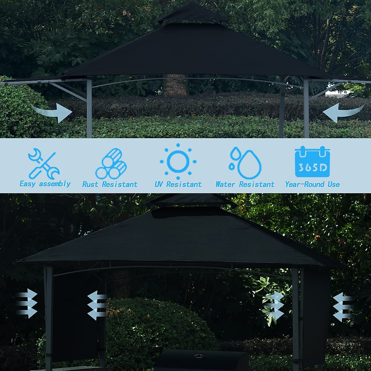 5x8 Outdoor Grill Gazebo BBQ Canopy, Double Tier BBQ Gazebo Grill Tent with Dual Side Retractable Awning, Shelves and Air Vent, BBQ Cabana Tent Canopy Shelter for Patio Party Backyard Picnic(Black)