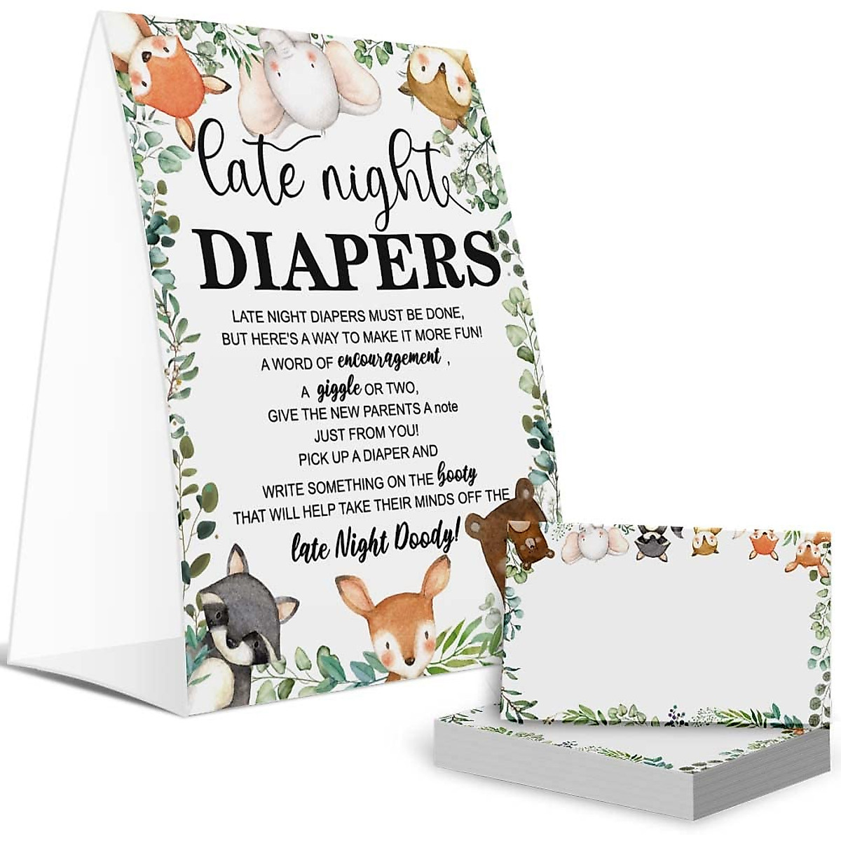 Late Night Diapers Sign & cards(1 Standing Sign + 20 Blank Greeting Cards), Jungle Baby Shower Decorations Sign Kit, Baby Shower Diaper Game Write Funny Inspirational Message