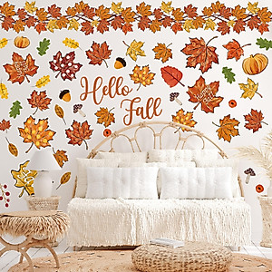 JarThenaAMCS 9 Sheet Thanksgiving Wall Stickers Fall Adhesive Oil Painting Maple Leaf Pumpkin Acorn Wall Decals Removable Mural Wall Decor for Home Classroom Autumn Supplies