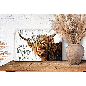 Highland Cow Wall Art - This Is Our Happy Place Inspirational Canvas Poster for Home - Long Haired Scottish Cow with White Flower Picture Farmhouse Kitchen Decor Framed (10"x15")