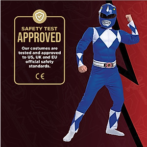 Blue Power Ranger Costume, Kids Size Beast Morphers Muscle Padded Character Jumpsuit and Mask, Classic Child Size Small (4-6)
