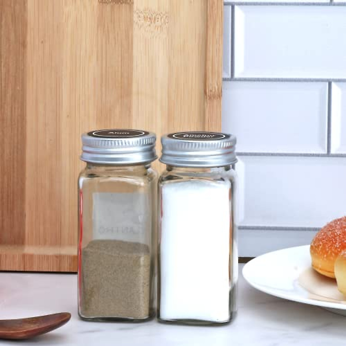 Datttcc 52 Pack Glass Spice Jars,Reusable Clear 4 OZ Square Seasoning Containers with Silver Metal Caps and Pour/Sift Shaker Lids Spice Jars with Labels and Funnel Sets for Cabinet,Kitchen Pantry
