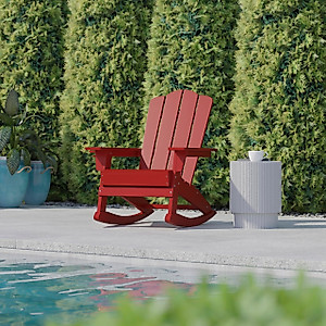Flash Furniture Newport Adirondack Rocking Chair with Cup Holder, Weather Resistant Poly Resin Adirondack Rocking Chair, Red