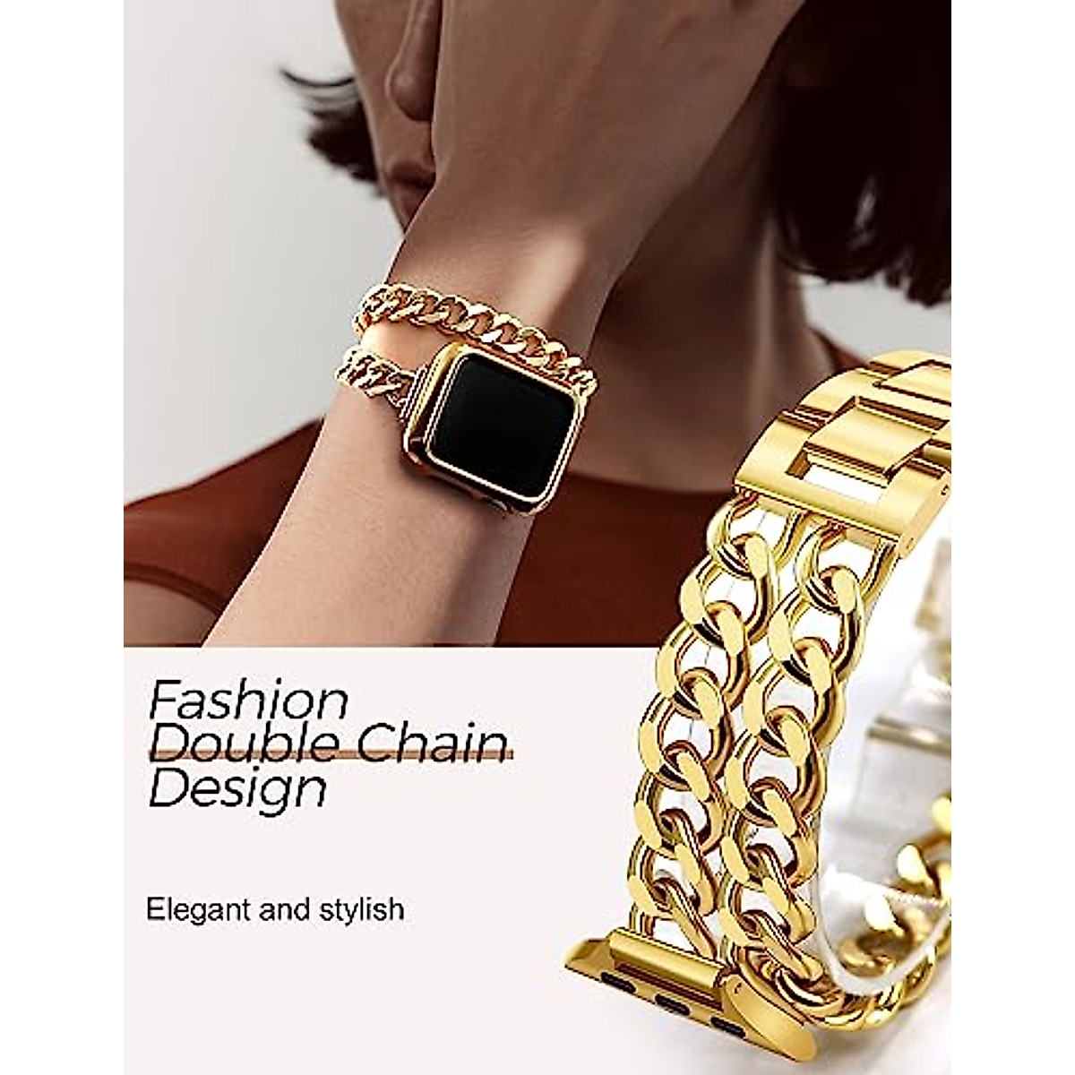 JR.DM Gold Watch Bands for Women Compatible with Apple Watch Band 38mm 40mm 41mm 42mm (S10) Adjustment Metal Band Cowboy Steel Chain Bracelet for iWatch Series 9/8/7/6/5/4/3/2/1/SE/Ultra (No Case)