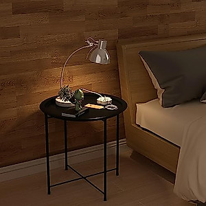 FSTAR Small Round Side End Table, Small Round Nightstand, Portable Folding Metal Accent Table Next to Couches/Sofas, or Against a Wall (Black, 1PCS)