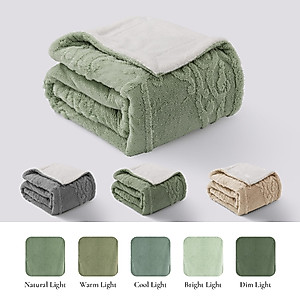 Amélie Home Sherpa Throw Blanket for Couch, Damask 3D Jacquard Pattern and Soft Teddy Sherpa Reverse, Decorative Fleece Thick Warm Blanket for Sofa Bed (Sage Green, 50 x 60'')