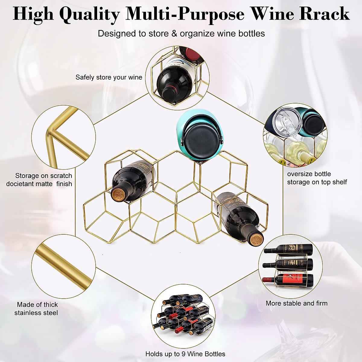 Countertop Wine Rack, Small Wine Rack for inside Cabinet, Gold Wire Wine Rack Holder, Wine Stand Metal Wine Rack for small spaces, Counter Wine Bottle Holder, Tabletop Wine Holder Rack for Kitchen Bar