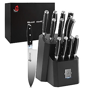 TUO Kitchen Knife Set - 12 Pcs Knife Set with Wooden Block - Premium Forged German Stainless Steel, Ergonomic Pakkawood Handle - BLACK HAWK SERIES with Gift Box