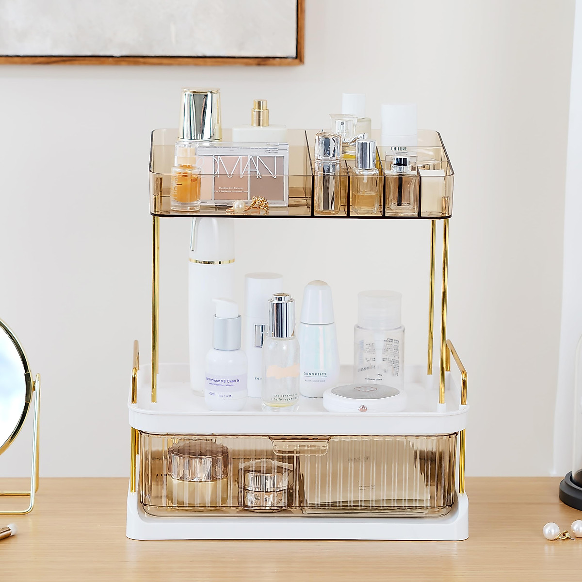 Citylife 2-Tier Bathroom Counter Organizer, Multi-Purpose Makeup Organizer Countertop, Skincare Organizers, Exquisite Vanity Organizer, Amber