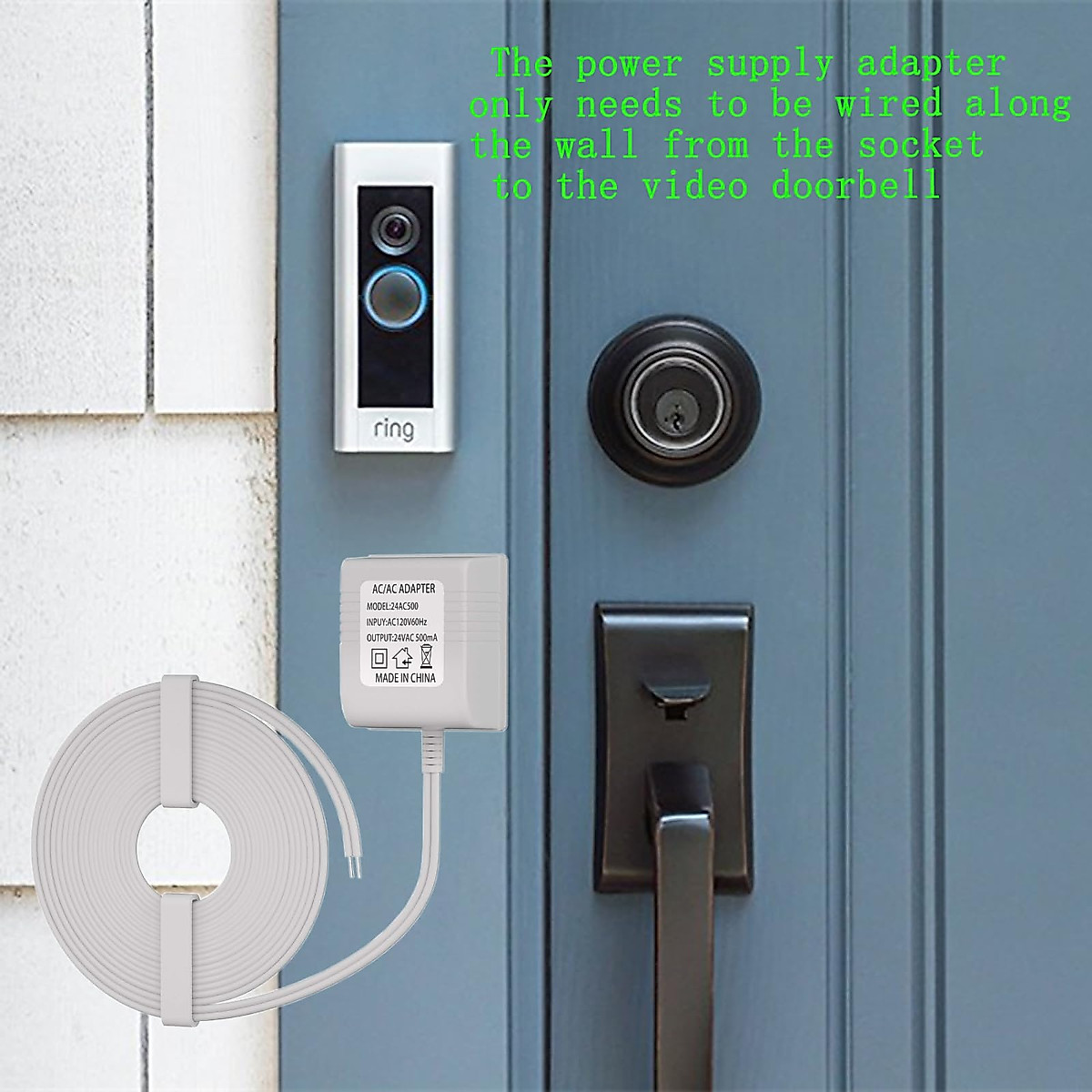 24V Doorbell Transformer 33FT Output Line for All Models of Ring Doorbells, Nest, Honeywell, Ecobee, Arlo, Wyze, Eufy （White），Reliable Power Supply for Smart Thermostats and Video Doorbells