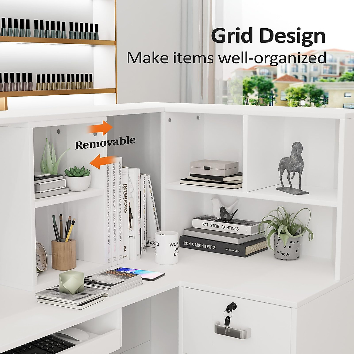 OmySalon Modern Reception Desk, L-Shaped Front Desk with Moveable Shelves and Lockable Drawers, Retail Checkout Counter Table, for Lobby Beauty Salon Office, White (55.9" W x 18.9" D x 48" H)