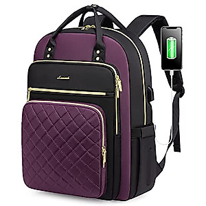 LOVEVOOK Laptop Backpack Purse for Women, 17" Laptop Bag with USB Port, Water Resistant Lightweight Daypacks for College Travel Work Business, Nurse Teacher Computer Bags, Purple Black