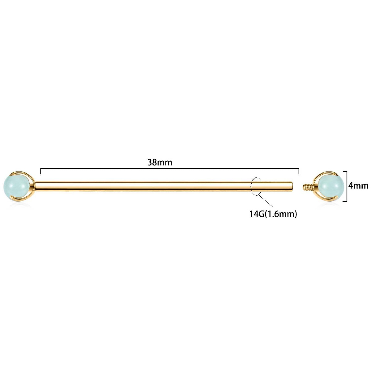 Industrial Bar 14G Industrial Earrings Surgical Steel Industrial Barbell Gold with Green Imitation Jade Industrial Piercing Jewelry Industrial Bar Piercing Body Piercing Jewelry 1 1/2 Inch 38mm