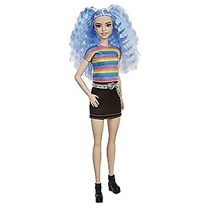 Barbie Fashionistas Doll with Long Blue Crimped Hair, Star Face Makeup, Multi-color Striped Tee, Denim Skirt, Black Boots & Silvery Chain Belt, Toy for Kids 3 to 8 Years Old