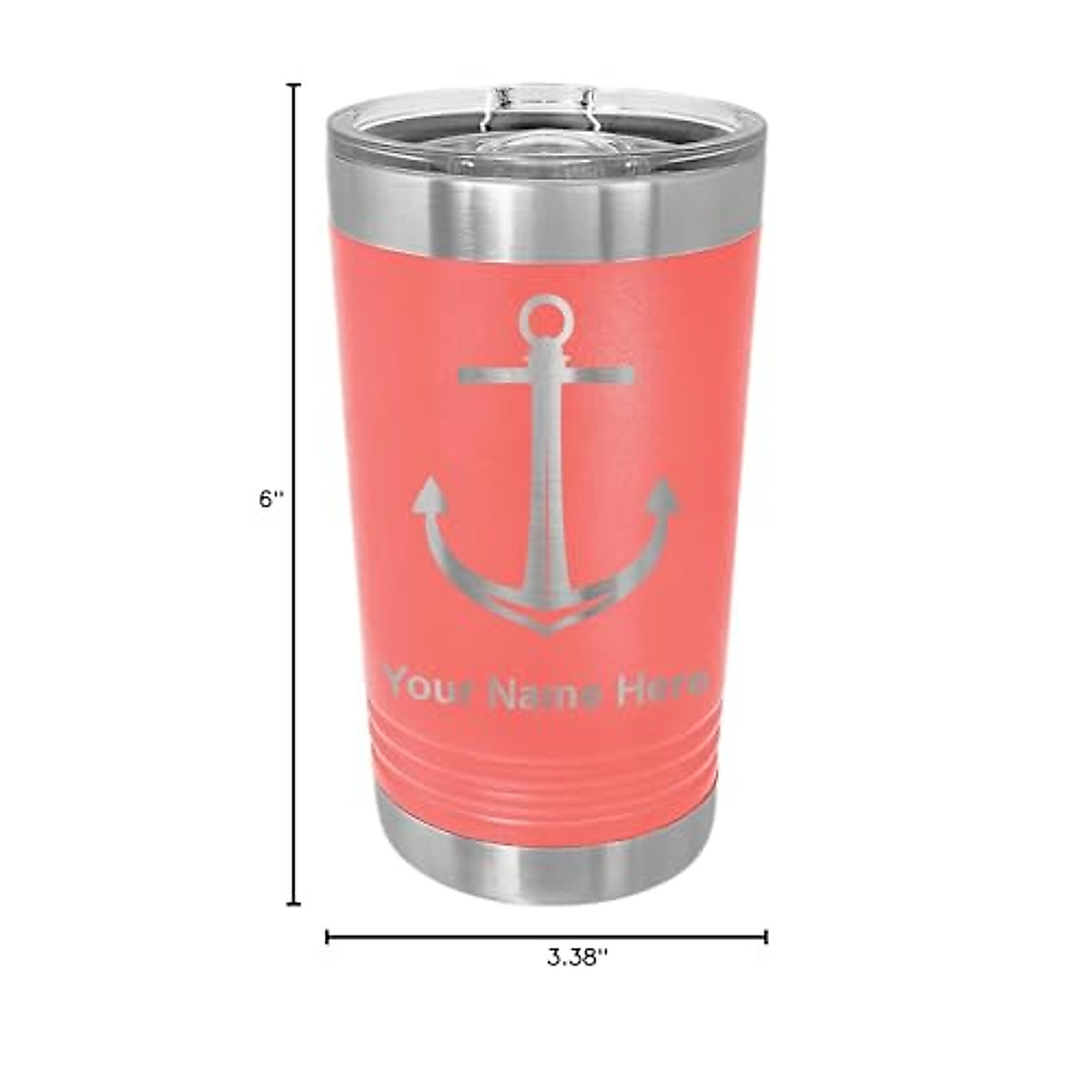 LaserGram 16oz Vacuum Insulated Pint Tumbler, Boat Anchor, Personalized Engraving Included (Coral)