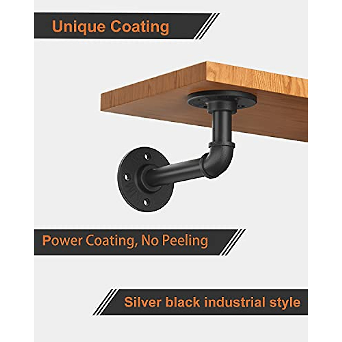 LuckIn Pipe Shelf Brackets for DIY 8 10 12 14 Inch Floating Shelves, Industrial Iron Pipe Bracket, Heavy Duty Metal Shelving Brackets, Black, 6-Pack