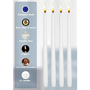 Hyoola 12 Pack Tall Taper Candles - 10 Inch White Dripless, Unscented Dinner Candle - Paraffin Wax with Cotton Wicks - 8 Hour Burn Time