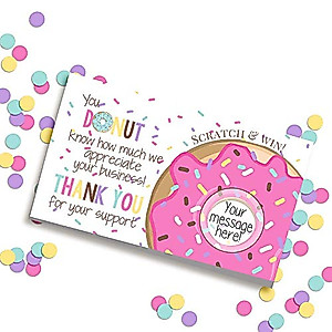 Donut Themed Scratch & Win Customer Appreciation Package Inserts for Small Businesses, 20 2" X 3.5” Single Sided Insert Cards with Scratch Off Stickers included by AmandaCreation