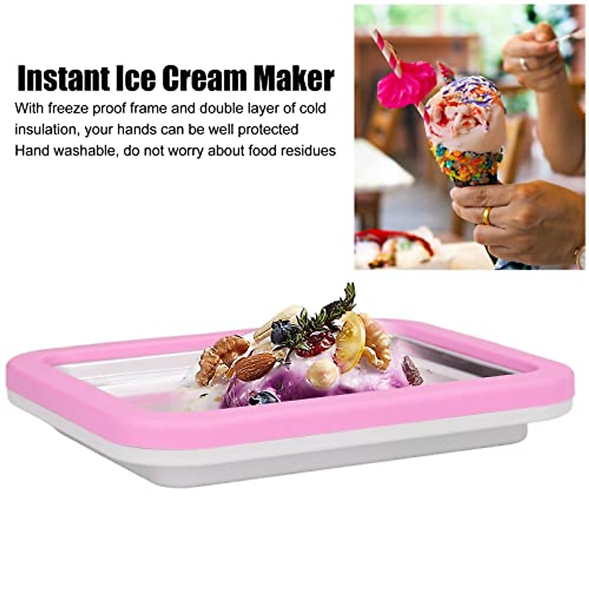 TOUISEDGI Ice Cream Maker, Ice Cream Roller Plate With 2 Spatulas, Food Grade Stainless Steel Pan Ice Cream Machine, Fried Yogurt Machine Mini Unplugged Fruit Rolled Ice Cream Maker(pink)