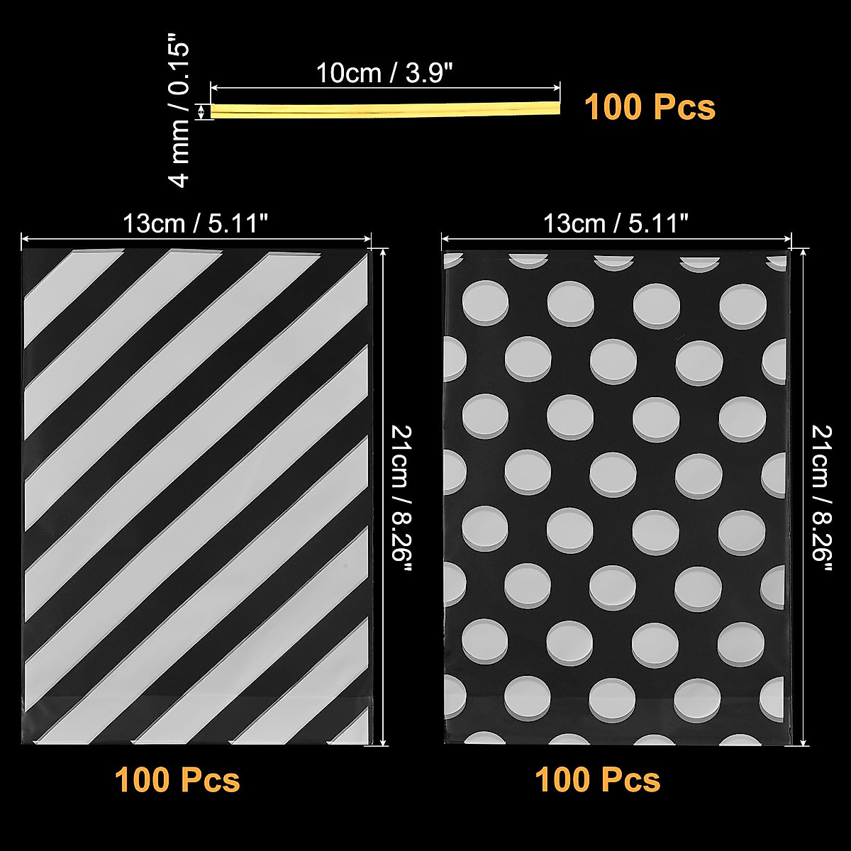 uxcell 200 Pcs Clear Cello Bags, Clear Flat Stripe Snowflake Plastic Cello Treat Bags with Gold Twist Ties Gift Bags Cookie Bags for Christmas Snacks Candy Cookie Gifts, White/Silver