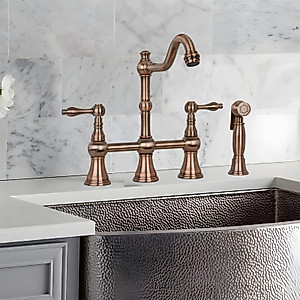 Two-Handles Bridge Kitchen Faucet with Side Sprayer (Antique Copper)