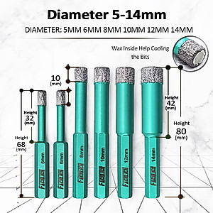 FACHLICH Porcelain Tile Drill bits 6/6/8/10/12mm Diamond Drill Bits Set with Hex Shank for Granite Marble Tile Porcelain Ceramic