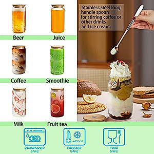 Tisovixo Can Glass Drinking Glasses with Bamboo Lid and Glass Straw 4pcs Set, 16oz Drinking Glass Can Shaped Cups,Beer Can Glasses,Tumbler Cup for Ice Coffee, Cocktail, Whiskey, Iced Tea,Wine