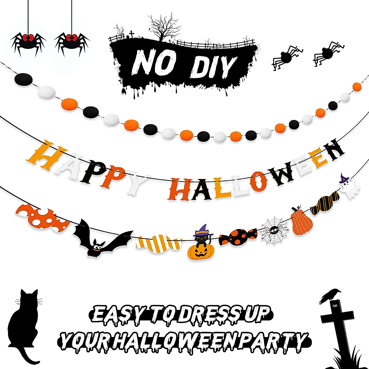 Happy Halloween Banner Pom Pom Garland Set and Halloween Bat Candy Banner with Black Bat Wall Sticker for Halloween Party Decorations Home Decor
