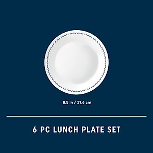Corelle 6-Piece 8.5" Lunch Round Plates, Vitrelle Triple Layer Glass, Lightweight Round Plates, Salad Plates, Chip and Scratch Resistant, Microwave and Dishwasher Safe, Caspian, Medium, Portofino