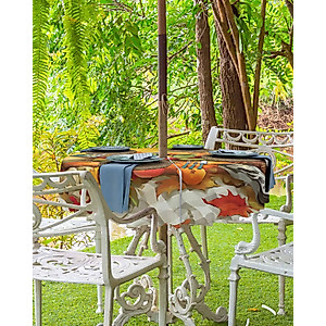 Huotupsine Fall Thanksgiving Outdoor Tablecloth - 60 Inch Round Dining Table Cover, Pumpkins Birds Sunflower Oil Painting Waterproof Outdoor Table Cloth with Umbrella Hole & Zipper for Picnic/Patio