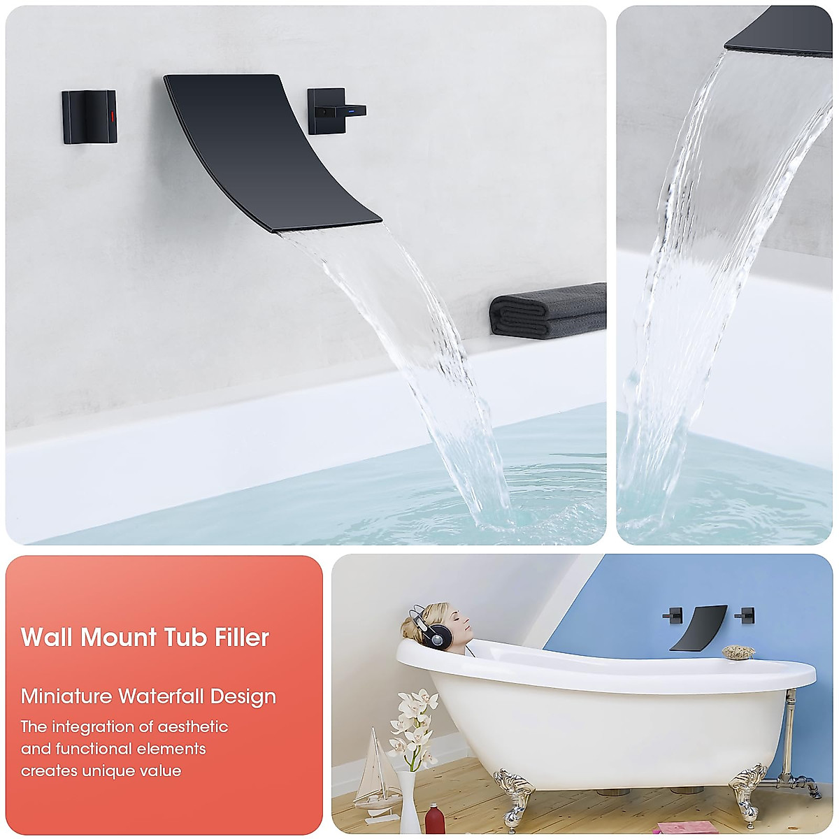 Qinkell Wall Mount Tub Faucet Matte Black Waterfall Tub Fill Roman Bathtub Faucet High Flow Brass Bathroom Bathtub Faucets with Rough-in Valve and 2 Handles