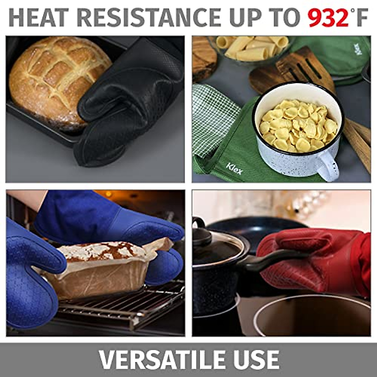 Klex Extra Long Silicone Oven Mitts and Pot Holders, 932°F Degrees Heat Resistance with Quilted Liner Oven Gloves and Hot Pads, 4 Piece Set, 15 inch, Green