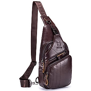 BULLCAPTAIN Men Sling Chest Bag Genuine Leather Casual Multipurpose Crossbody Shoulder Backpack Travel Hiking Daypack (Brown)
