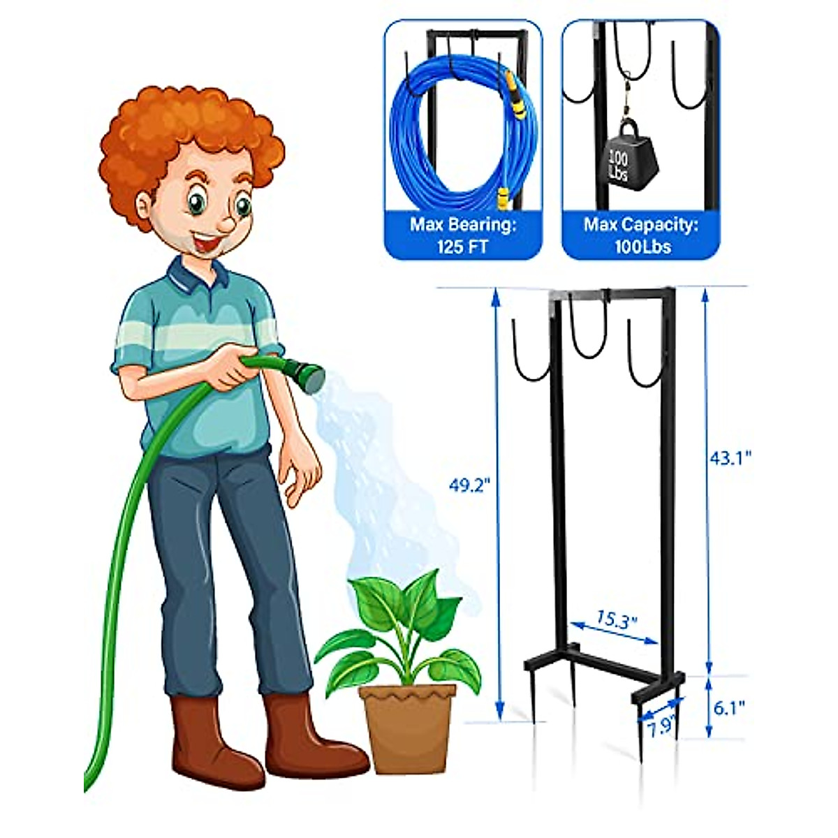 SNOGSWOG Garden Hose Holder, Freestanding Hose Stand Holds 3/4 inch x 125 FT, Heavy Duty Hose Hanger, Detachable Metal Hose Reel for Outside Yard Lawn, Black