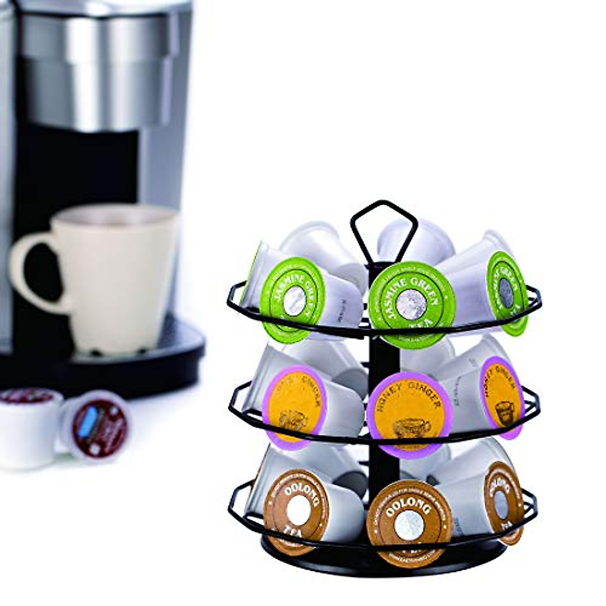 Flagship K cup Holder Carousel 3 Tier for Keurig Pod Holder Metal DIY Install Small for K-cup Storage Stand 21 K Pod Storage