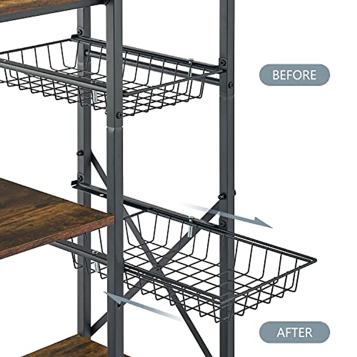 Hoctieon 3 Tier Microwave Oven Shelf, Microwave Storage Kitchen Storage Rack with 4 Hooks, Microwave Stand with 2 Slide-Out Baskets,Kitchen Baker's Rack, Microwave Oven Stand