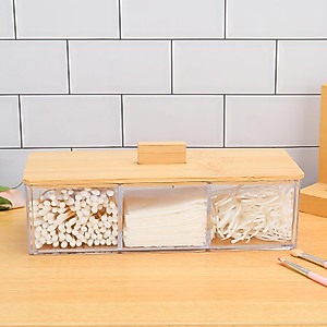 Sohalejr Wood Qtip Holder 3 Compartments Cotton Ball and Swab Holder Organizer with Lid,Jar for Cotton Rounds,Bathroom Containers,Clear Acrylic Desk Organizer for Makeup Pads,Cosmetics Bedroom