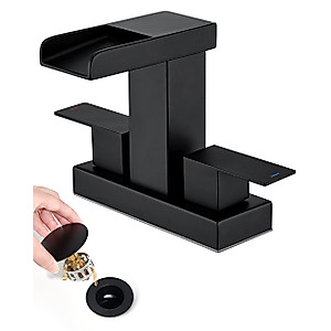 PerPaiMe Waterfall Bathroom Sink Faucet - 4 Inch Centerset Bathroom Faucet Two Handles, Matte Black Bathroom Sink Faucets for 2 or 3 Hole, Stainless Steel Vanity Faucet with Pop-Up Drain & Supply Line