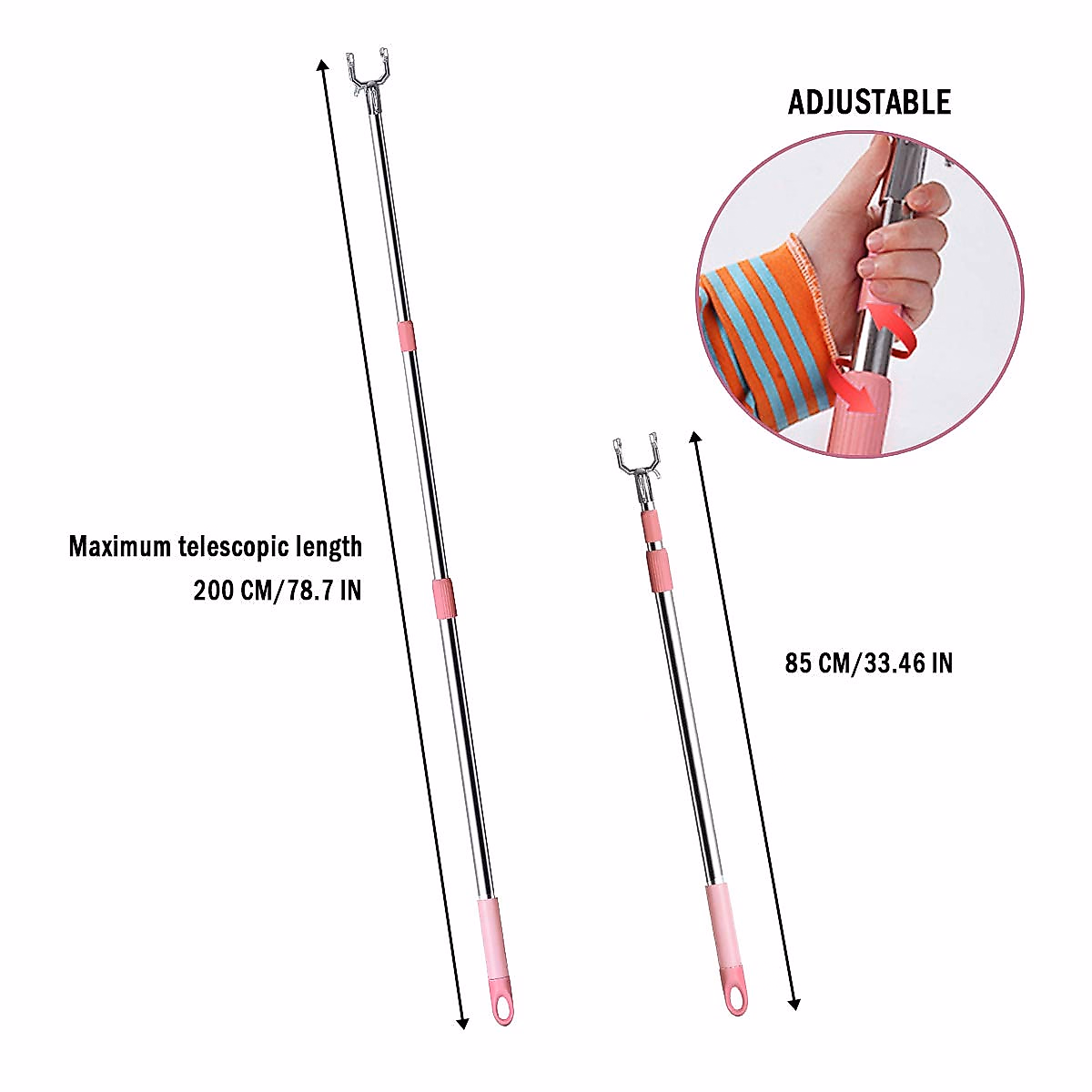 Support Bar with Closet Hook Pole,wardrobe Retractable Clothes Hanger Pole Hook,suitable for Wardrobe,hanger(maximum Length Can Only 78.7 Inches,don't Use to Outdoor Clothesline Pole,clothesline)