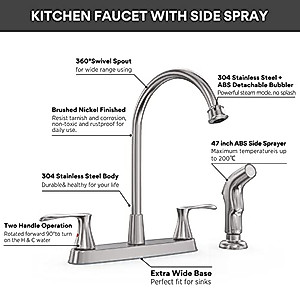 GOWIN Brushed Nickel Kitchen Faucet with Side Sprayer, Two Handle High Arc 4 Holes 8 Inch Centerset Stainless Steel Kitchen Sink Faucet with Pull Out Sprayer,Grifos De Cocina