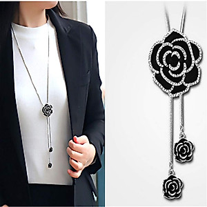 Cathercing Rhinestone Black Rose Pendant Long Necklace for Women Sweater Chain Statement Necklace Choker Adjustable Elegant Jewelry Crystal Accessories Dressy Collocation Winter Evening Party Wedding