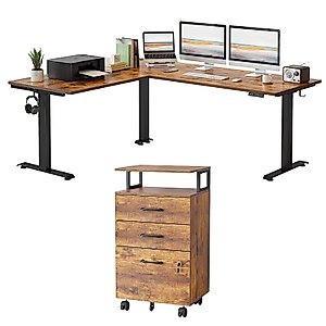 FEZIBO 75 Inch L Shaped Standing Desk with File Cabinet, Rustic Brown