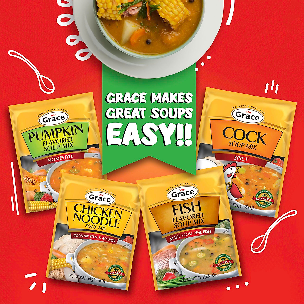 Grace Cock Flavored Soup Mix - 1.76oz - 3 Pack - Caribbean Cock Soup Mix - Cock Seasoning Soup Packets - Spicy Chicken Soup Mix - Chicken Spicy Soup Mix Packets - Jamaican Food Products