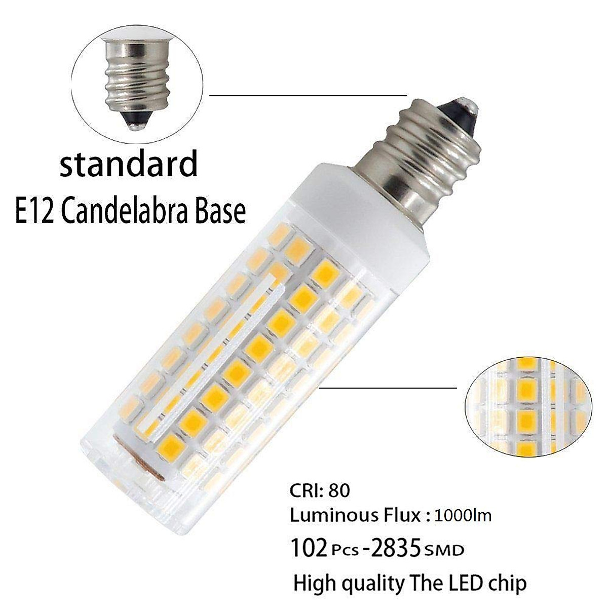 Lxcom Lighting 10W E12 LED Corn Light Bulb(4 Pack)- 2835 SMD 102LEDs E12 Dimmable 100 Watt Equivalent 1000LM Daylight White 6000K Chandelier Bulbs Decorative E12 Base for Home Lighting, AC110-120V