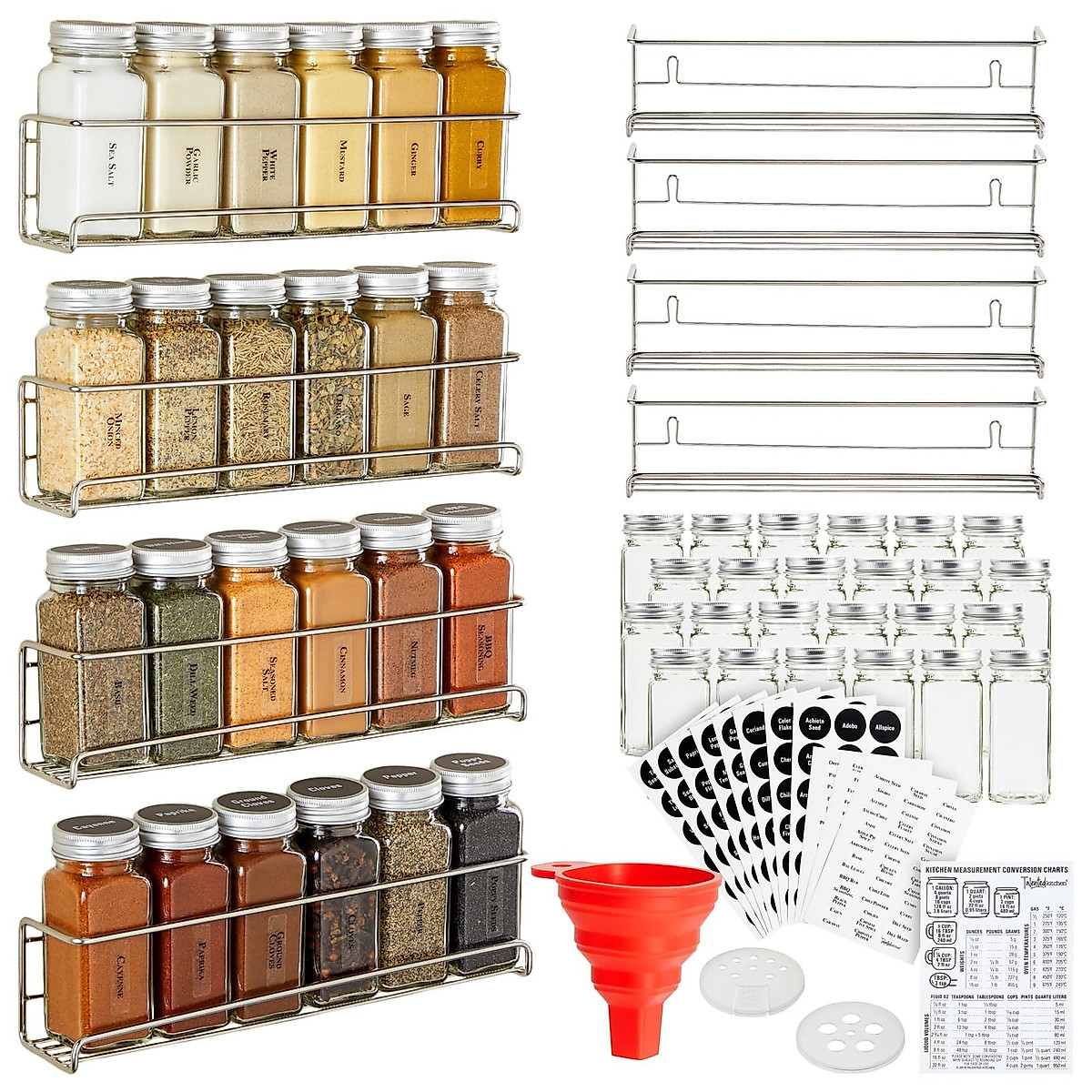 Talented Kitchen 4 Stainless Steel Spice Racks Wall Mount Organizer for Cabinet Door with 24 Empty 4oz Glass Jars, 269 Clear Seasoning Labels (2 Styles)