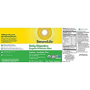 Renew Life Adult Daily Digestive Organic Prebiotic Fiber, Plant-Based Omega-3, Soluble & Insoluble Fiber Powder, Helps Reduce Constipation, Gas, & Bloating, 8.5 Oz