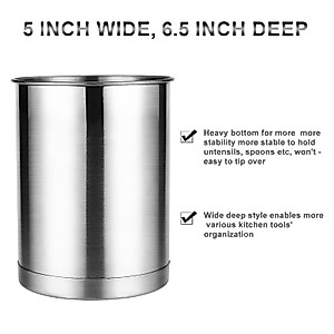 KSENDALO Steel Holder Utensil Crock 6.5inch Tall,Utility Sturdy Heavy Large Utensils Holder Stainless Silverware Holder for Kitchen Home and Office